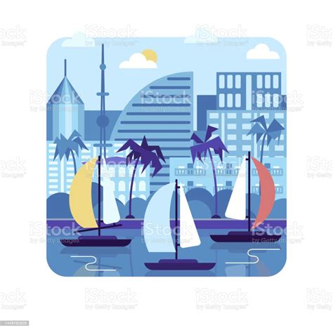 도시 근처 세일링 보트 평평한 타일의 벡터 일러스트 레이 션 0명에 대한 스톡 벡터 아트 및 기타 이미지 0명 개념 건물 외관 Istock