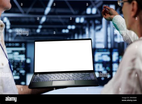 Close Up Shot Of Mock Up Laptop Used By Professional Mechanic In Data