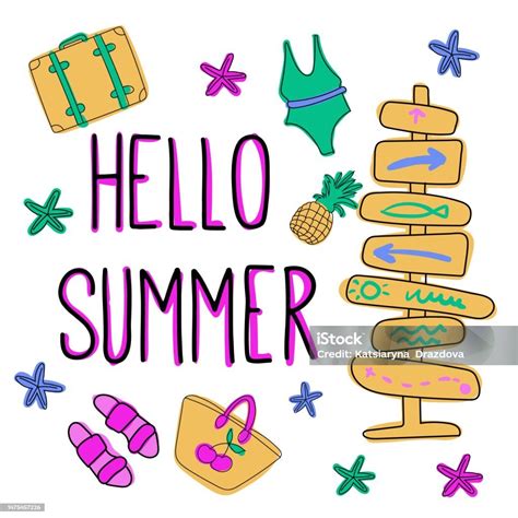 귀여운 여름 아이콘 음식 음료 열대 잎 과일 플라밍고 게 갈매기의 집합 밝은 여름 포스터 해변 파티를 위한 스크랩북 요소