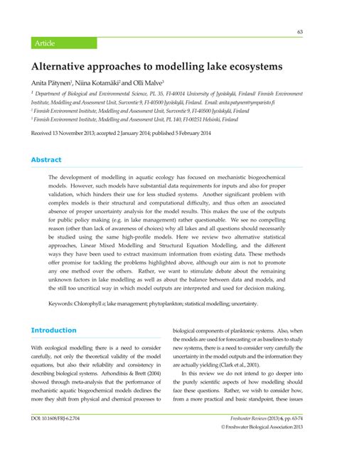 Pdf Alternative Approaches To Modelling Lake Ecosystems