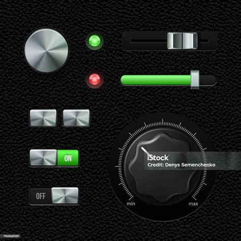하이 엔드 Ui 아날로그 볼륨 이퀄라이저 레벨 믹서 볼륨 노브 크롬 금속 스위치 버튼 램프 전구 진행 표시 줄 웹 디자인 요소입니다 소프트웨어 제어 벡터 사용자 인터페이스