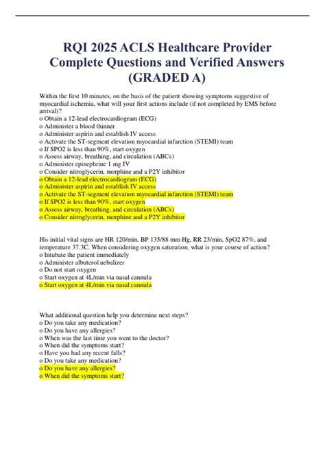 Rqi 2025 Acls Healthcare Provider Complete Questions And Verified