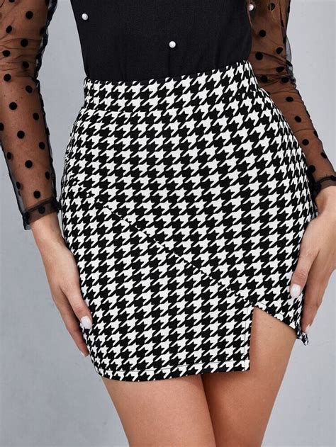Shein Unity Houndstooth Print Asymmetric Hem Skirt Одежда для