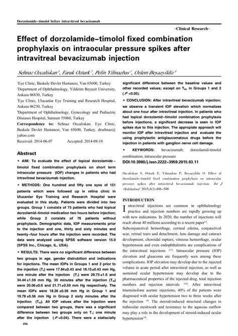 Pdf Effect Of Dorzolamide Timolol Fixed Combination Prophylaxis On Intraocular Pressure Spikes