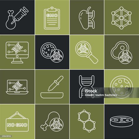 박테리아 유전자 변형 고기 사과 Gmo 엔지니어링 수정 Gmo 연구 닭 및 생물학적 위험 및 돋보기 아이콘을 사용한 세트 라인 페트리 접시 벡터 0명에 대한 스톡 벡터 아트