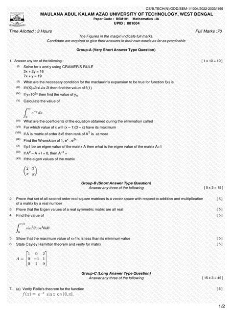 Csecseaimlcseiotcs Bsm101 Mathematics Ia Pdf Matrix Mathematics