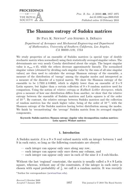 The Shannon Entropy Of Sudoku Matrices Request Pdf