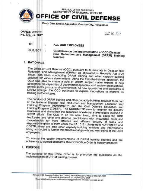 Ocd Oo 182 01dec17 Guidelines On The Implementation Of Ocd Drrm Training Courses Pdf