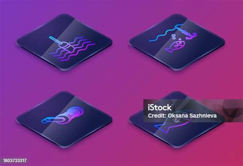 아이소메트릭 라인 설정 물 속의 낚시 플로트 낚시용 스피닝 릴 물고기와 물고기가 있는 수중 낚시 바늘 파란색 사각형 버튼입니다 벡터 3차원 형태에 대한 스톡 벡터 아트 및