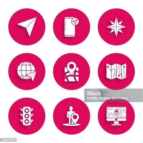 위치 마커 사람의 지도 실루엣 모니터 및 접힌 신호등 위치 지구 바람 장미 및 종이 비행기 아이콘으로 접힌지도를 설정합니다 벡터