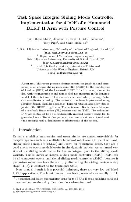 Pdf Task Space Integral Sliding Mode Controller Implementation For 4dof Of A Humanoid Bert Ii
