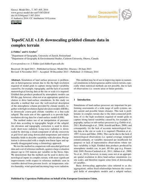 Pdf Toposcale V10 Downscaling Gridded Climate Data In Complex Terrain