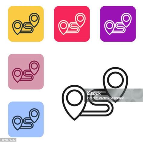 흰색 배경에 격리된 검은색 줄 경로 위치 아이콘입니다 맵 포인터 기호입니다 경로 또는 도로의 개념 Gps 네비게이터 색상 정사각형 단추로 아이콘을 설정합니다 벡터 개념에