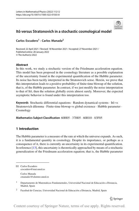 Pdf Itô Versus Stratonovich In A Stochastic Cosmological Model
