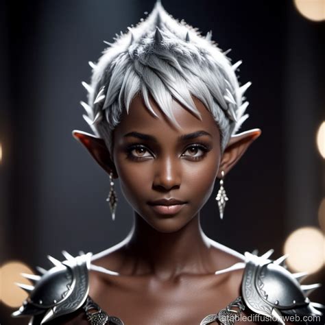 Female Manga Black Skinned Short Eared Elf With Short Spiky Grey Hair