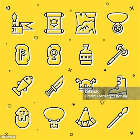 세트 라인 중세 창 고대 바이킹 부츠 폴락 접힌지도 매직 룬 위스키 병 아이콘 벡터 검에 대한 스톡 벡터 아트 및 기타 이미지 Istock