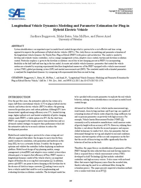 Longitudinal Vehicle Dynamics Modeling And Parameter Estimation For Plug In Hybrid Electric