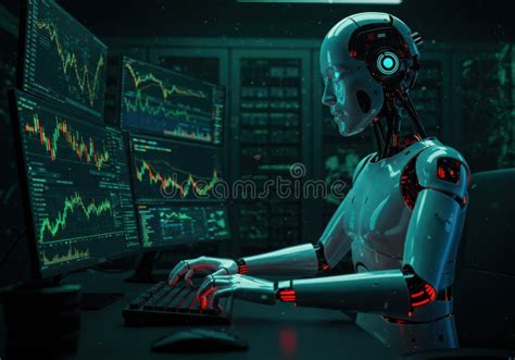 Ai Robot Analyzing Financial Data On Multiple Monitors In A High Tech