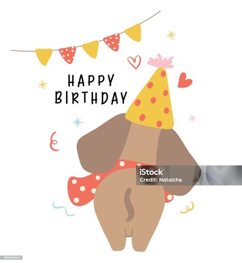 귀여운 생일 카드 와 닥스 훈트 강아지 착용 파티 모자 카와이 인사말 카드 만화 손 그리기 평면 디자인 그래픽 일러스트 레이 션 0명에 대한 스톡 벡터 아트 및 기타 이미지