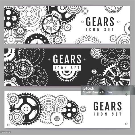 다른 기어가있는 배너 세트 톱니 바퀴 아이콘 디자인 벡터 일러스트 레이 션 개체 그룹에 대한 스톡 벡터 아트 및 기타 이미지 개체 그룹 건설 기계류 검은색 Istock