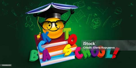 학교로 돌아가기 칠판 배경에 책을 쓴 교수의 모자에 쾌활한 이모티콘 크리에이티브 포스터 또는 배너 그래픽 일러스트레이션