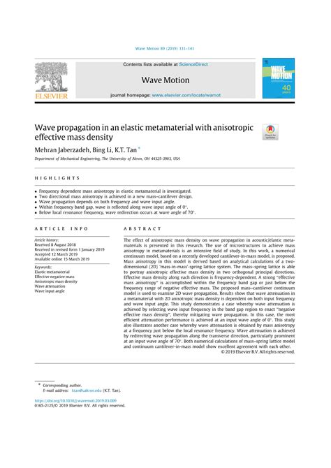 Pdf Wave Propagation In An Elastic Metamaterial With Anisotropic Effective Mass Density