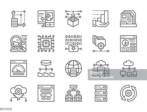 데이터 분석 및 클라우드 컴퓨팅 라인 아이콘의 집합입니다 네트워크 호스팅 프로그램 알고리즘 데이터베이스 Ftp 서버 동기화 등 아이콘에 대한 스톡 벡터 아트 및 기타 이미지