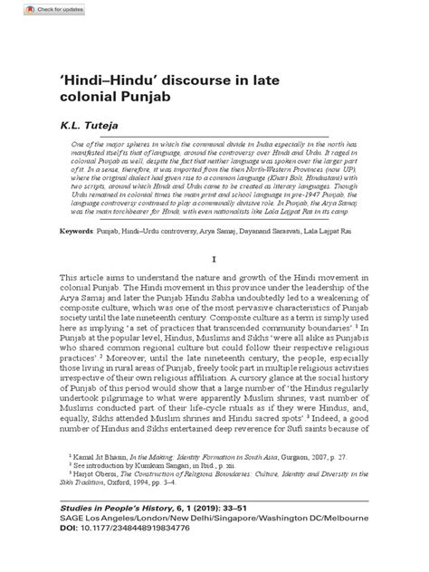 Hindi Hindu Discourse In Late Colonial Punjab Download Free Pdf Urdu Linguistics