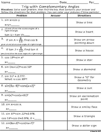 Trig With Complementary Angles Draw And Color Practice Activity Tpt