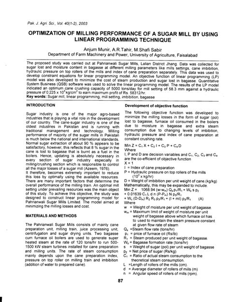 Pdf Optimization Of Milling Performance Of A Sugar Mill By Using Linear Programming Technique