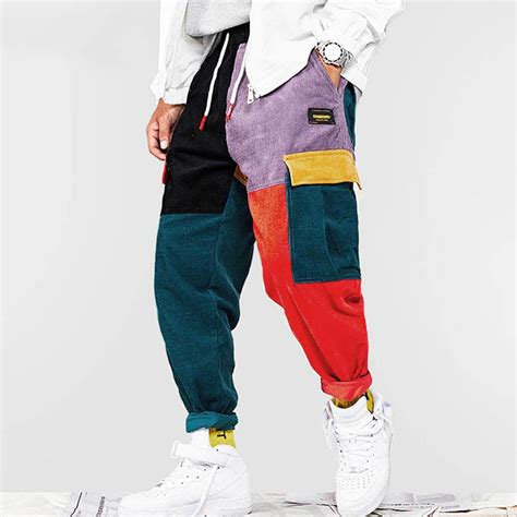 Corduroy Patchwork Cargo Pants Men Streetwear Justinintustin