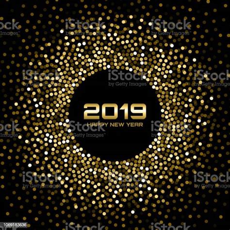 새 해 2019 카드 배경입니다 골드 반짝이 종이 색종이 반짝 골든 디스코 조명입니다 글로우 하프톤 동그라미 색종이 점 텍스처를 사용 하 여 원형 프레임 크리스마스 테두리