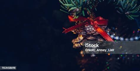 텍스트에 대 한 공간을 가진 빨간 활과 어두운 배경을 가진 황금 소나무 콘 0명에 대한 스톡 사진 및 기타 이미지 0명 개념 겨울 Istock