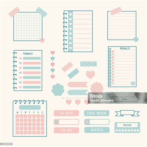 불렛 저널 요소 일일 플래너와 스티커 메모가 설정되었습니다 하트가 있는 파스텔 컬러 플래너 테마 월간 플래너 주간 플래너 Bullet Journal에 대한 스톡 벡터 아트