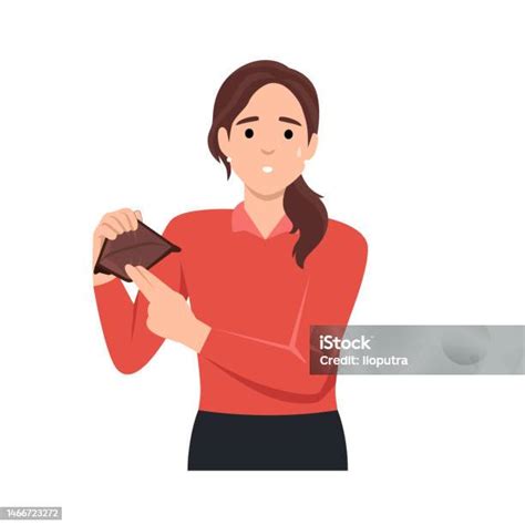 빈 지갑을 보여주는 젊은 불행한 여자 재정적 실패 흰색 배경에 격리된 평면 벡터 그림 비어 있음에 대한 스톡 벡터 아트 및 기타 이미지 비어 있음 주머니 개인 장식품