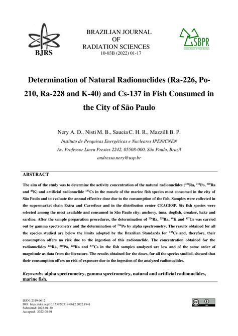 Pdf Determination Of Natural Radionuclides Ra 226 Po 210 Ra 228 And K 40 And Cs 137 In