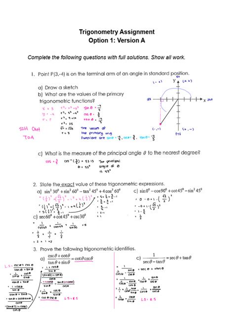 Trigonometry Assignment Option 1 Version A 2 Pdf Elementary Mathematics Functions And