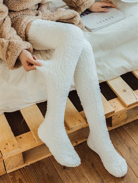 2pairs Solid Fuzzy Over The Knee Socks Shein Usa