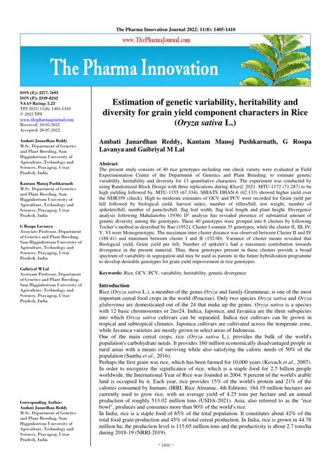 Pdf Estimation Of Genetic Variability Heritability And Diversity For