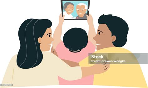 태블릿을 사용한 사람들 화상 통신 집에서 온라인으로 이야기하는 가족 온라인 커뮤니케이션 개념 평면 벡터 환상 Brand Name Online Messaging