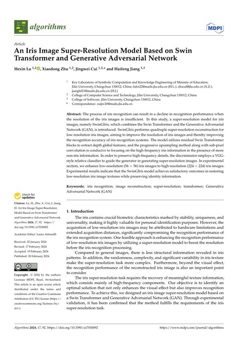 Pdf An Iris Image Super Resolution Model Based On Swin Transformer And Generative Adversarial