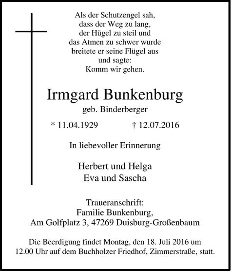 Traueranzeigen Von Irmgard Bunkenburg Trauer In Nrwde