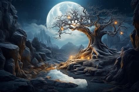 Premium Photo D D D D D D D D D Rendering Fantasy Landscape With Moon
