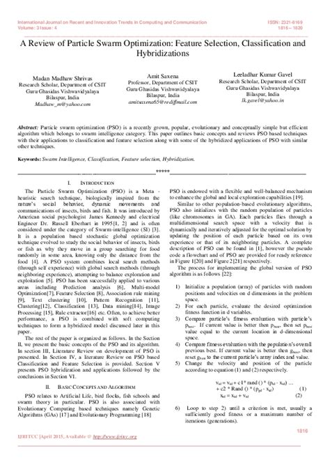 pdf a review of particle swarm optimization feature selection