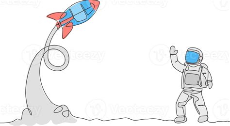 One Continuous Line Drawing Of Spaceman Astronaut Science At Moon Land Waving Hand To Take Off