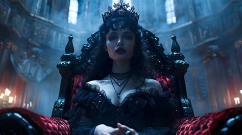A Vampire Queen Wearing Black Crown And Black Dress Sits On A Throne