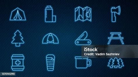 세트 라인 숲 벤치와 피크닉 테이블 지도에 숲의 위치 관광 텐트 스위스 군용 칼과 보온병 컨테이너 아이콘 벡터 가구에 대한 스톡 벡터 아트 및 기타 이미지 Istock