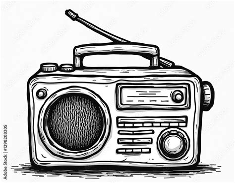 Black And White Cartoon Illustration Of Retro Radio Player Hand Drawn