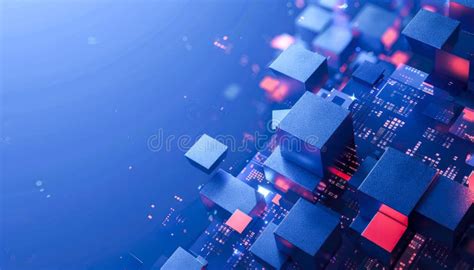 Various Blue And Red Cubes Are Depicted Against A Modern Technological Background Of Blue Color