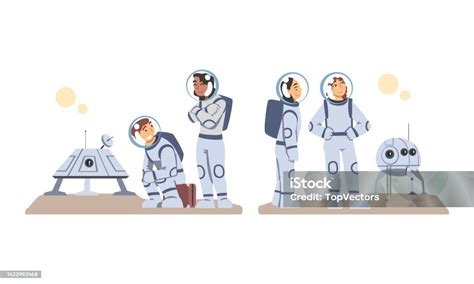 우주복 우주복의 우주 공간에서 남자와 여자 우주 비행사 캐릭터가 달 벡터 세트에 착륙합니다 역에 대한 스톡 벡터 아트 및 기타 이미지 Istock
